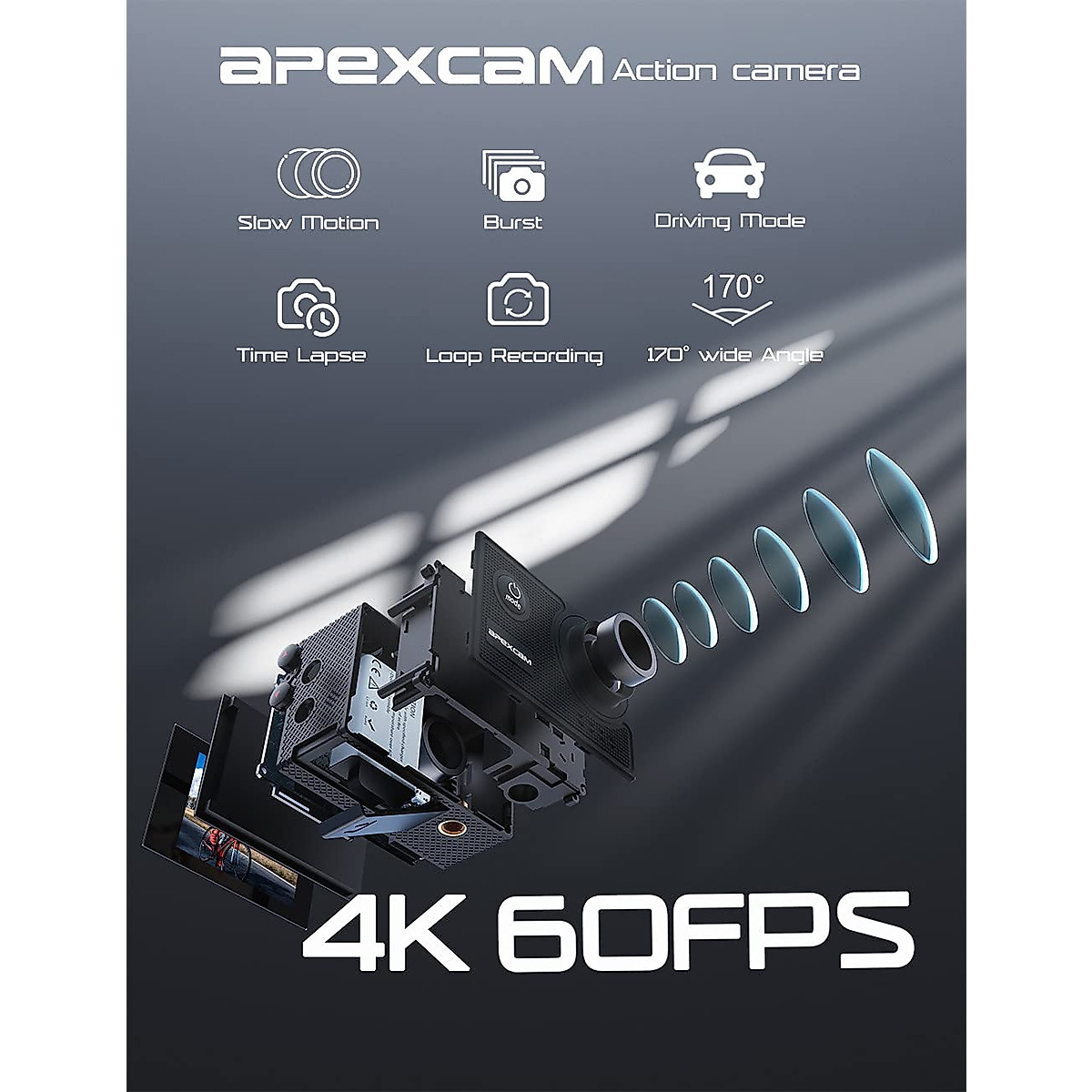 Apexcam 4K 60FPS Action Camera EIS Stabilization 20MP Sports Cam 40M Waterproof Underwater Camera 8X Zoom Support External Mic with Remote Control 2 x 1350mAh Rechargeable Batteries…