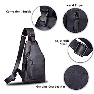 Genuine Leather Sling Bag for Men Chest Shoulder Crossbody Hiking Backpack Vintage Handmade Daypack (Black)
