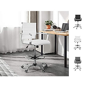 LUCKWIND Drafting Chair Tall Office Chair Ribbed - Mid-Back PU Leather Standing Desk Stool with Adjustable Foot Ring Padded Armrests Tilt-Tension Rocker Lumbar Support Swivel Rolling 400lbs, White