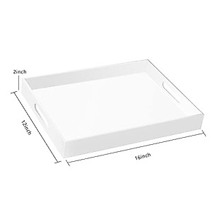 MIKINEE 12×16 Inches Glossy White Acrylic Serving Tray with Handles Ottoman Tray Decorative Tray Spill-Proof Water-Proof Coffee Table Space Saver Countertop Organizer Platter with Safe Edge