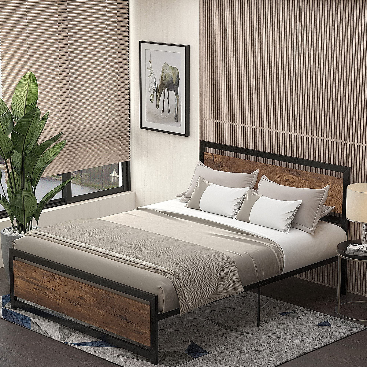 HOMCOM Queen Bed Frame with Headboard & Footboard, Strong Metal Slat Support Bed Frame w/Underbed Storage Space, No Box Spring Needed, 63''x82''x40.5''