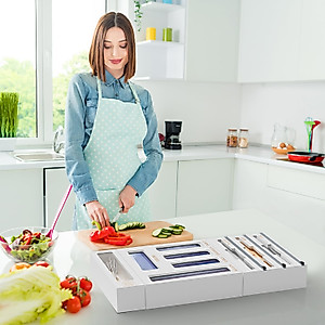 DALSHABET 9 IN1 Bamboo Storage Bag Drawer Organizer with Cutter, Foil and Plastic Wrap Dispenser for Kitchen Storage Compatible with All Brands Gallon, Quart, Sandwich & Snack Size Bags - White