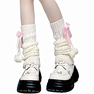 Brexiamin Long Lolita Leg Warmers for Women Harajuku Japanese Wool Cable Knit Thigh High Leg Warmers Loose Socks (Pink)