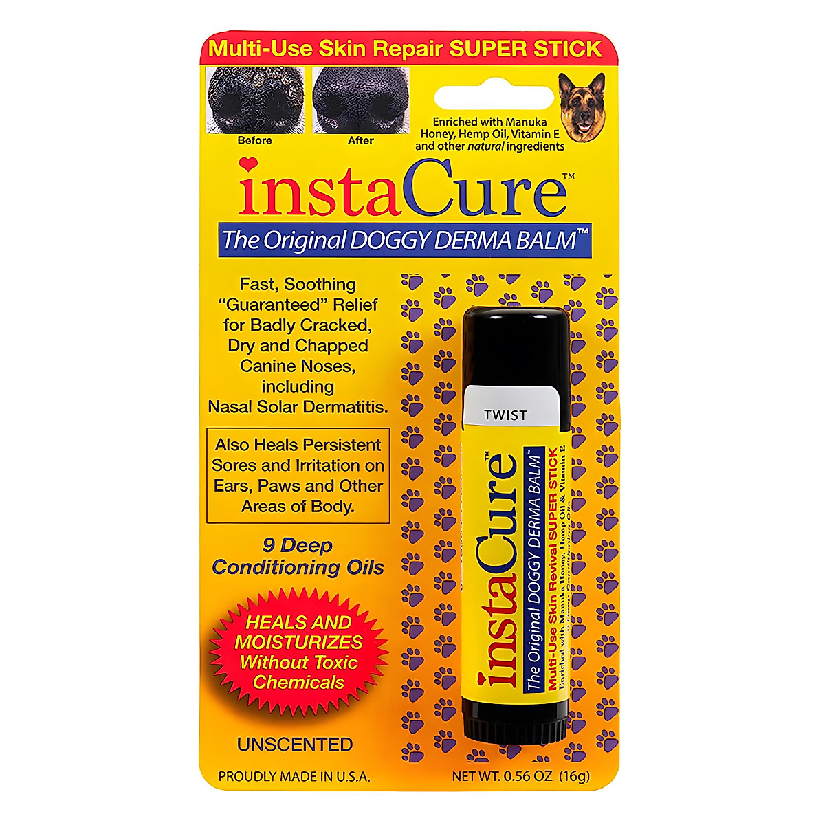 InstaCure Doggy Derma Balm Jumbo-Sized Skin Repair Stick w/Manuka Honey. Soothes & Heals Dog's Dry Cracked Noses, Paws, Bulldog Wrinkles 100% Natural (1-Pack)