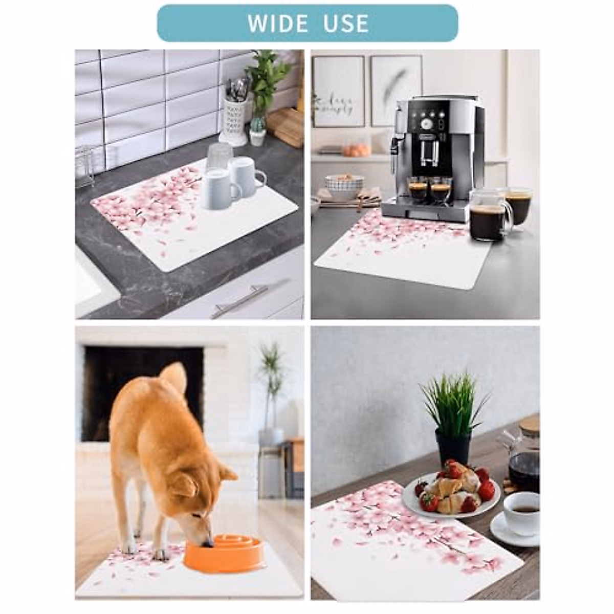 Spring Pink Sakura Blossom Flowers Coffee Mat Coffee Maker Mat,Super Absorbent Coffee Bar Accessories,Floral Garden Art on White Non-slip Coffee Station Mat Dish Drying Pad,16x18in