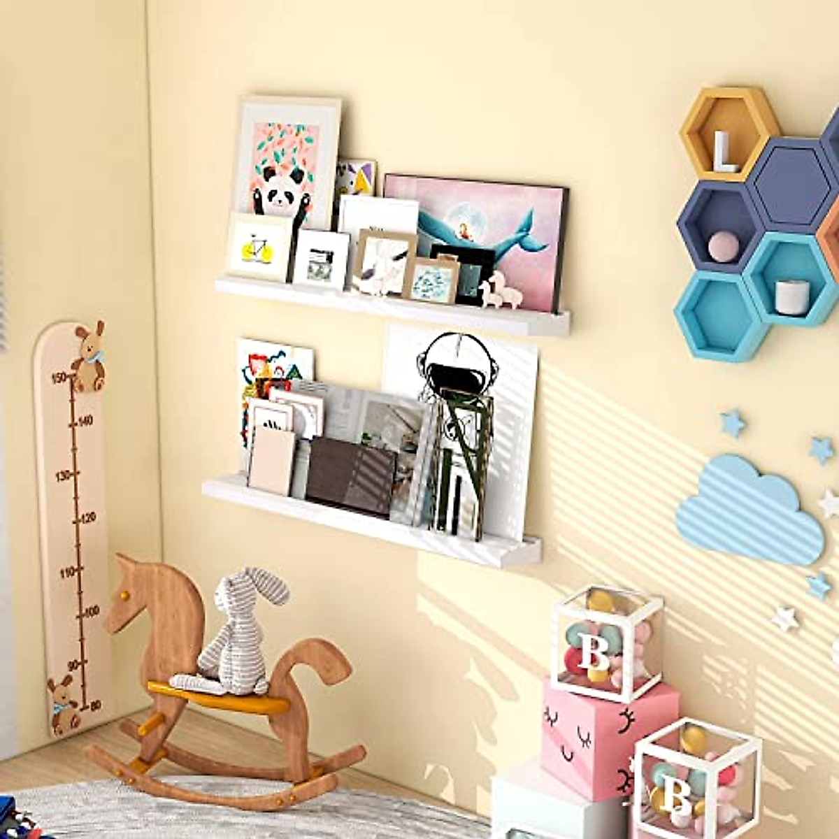 AUYKBVK White Photo Picture Ledge Shelf Wall Mounted Floating Shelves for Room Décor 24 in Wooden Nursery Book Shelves Books Photo Frames Display Shelves with Lip a Set of 2