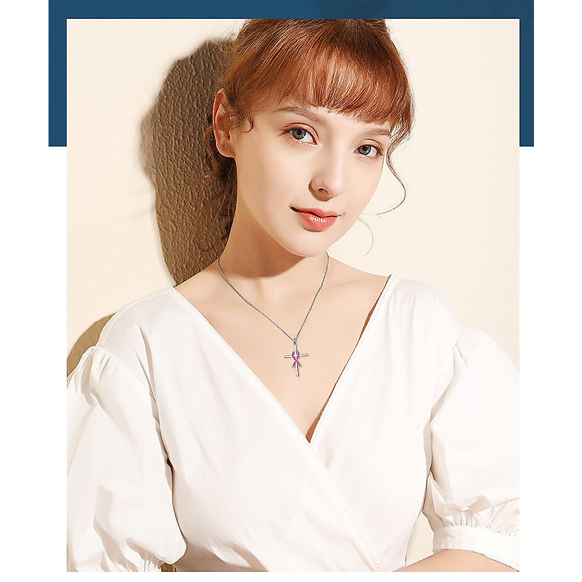JZMSJF S925 Sterling Silver Faith Pink Ribbon Cross Pendant Necklace Breast Cancer Awareness Jewelry Gifts for Women