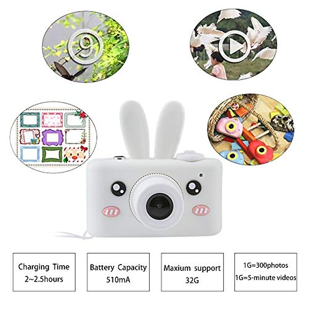 Kids Camera with White Rabbit Protective Case, 2 Inch HD Screen Camera for Kids, Children’s Selfie Camera, Multifunction Camera Including 16G Memory Card(Blue)