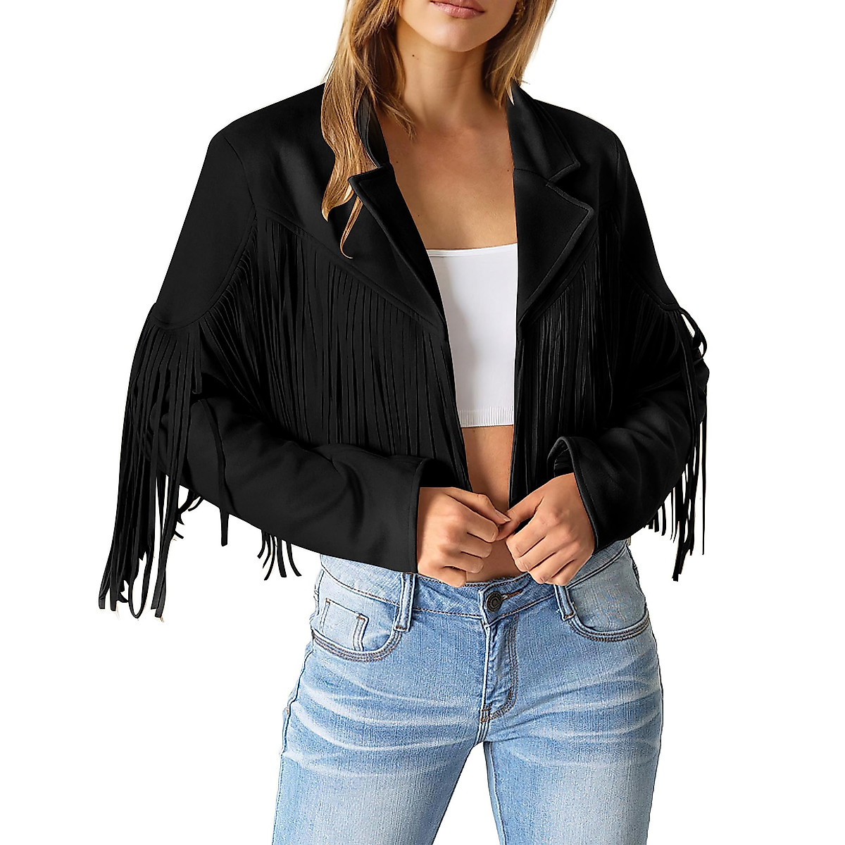 PRETTYGARDEN Women's Fringe Faux Suede Leather Jackets 2025 Fashion Tassel Motorcycle Cropped Coats (Black,Large)