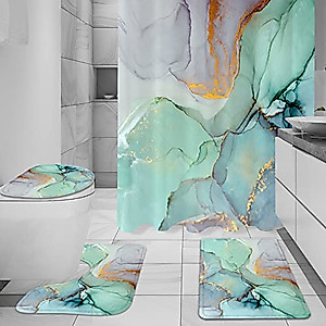 Gibelle 4 Pcs Bathroom Shower Curtain Set with Non-Slip Rugs, Toilet Lid Cover and Bath Mat, Green Marble Bathroom Decor Set with Shower Curtain and Rugs and Accessories