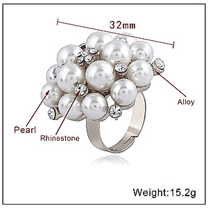 Dtja Big CZ Pearl Statement Wedding Ring for Women Girls Vintage CZ Crystal Faux Pearls Ball Flower Adjustable Open Band Wrap Birthday Cocktail Party Ring Comfort Fit Exaggerated Jewelry Gift