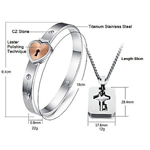 Starryinter His and Hers Korean Style Stainless Steel Hold the Key to My Heart Forever Bangle Bracelet and Pendant Necklace-BR398