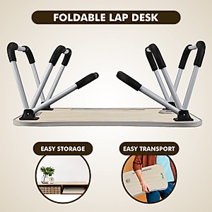 Folding Lap Desk for Bed and Sofa - Portable Wide Surface Bed Desk with Built-in Cup Holder and Tablet or Phone Slot for Working, Studying, Eating, and Watching Movies (Beige)