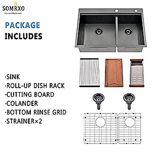 SOMRXO 28 Black Stainless Steel Kitchen Sink Double Bowl 28x22 Drop In Kitchen Sink Workstation Ledge 16 Gauge Gunmetal Black Kitchen Sink Topmount 10" Deep 40/60 Low-Divide Double Bowl Kitchen Sinks