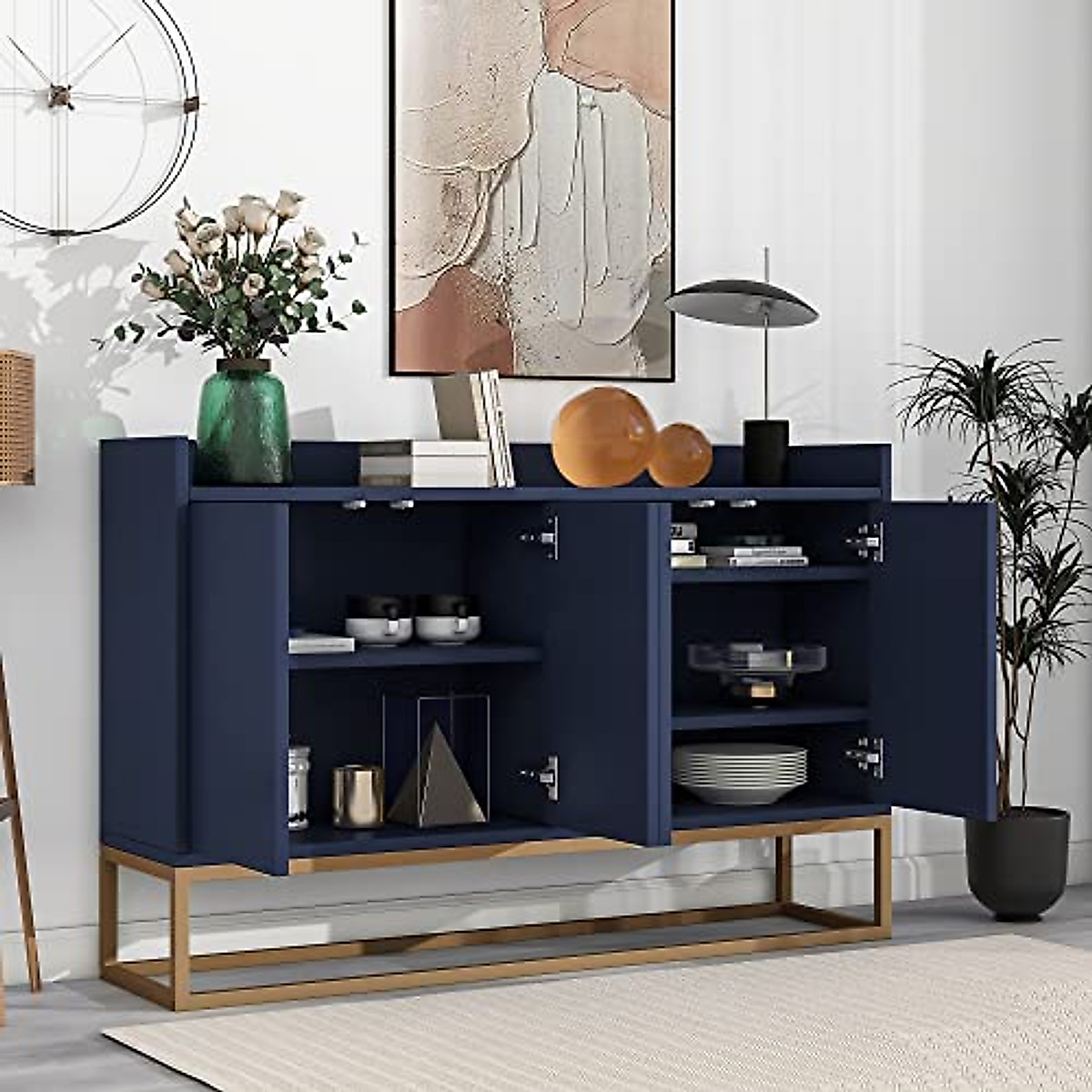 47" Buffet Sideboard Cabinets with Gold Metal Base, 4 Unobtrusive Doorknob, Elegant Freestanding Storage Cabinet, Large Storage Space Kitchen Console Table for Dining Living Room, Entryway, Navy Blue
