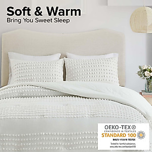 Comfort Spaces Cotton Comforter Set Jacquard Pom-Pom Tufts Design, Down Alternative, All Season Modern Bedding, Matching Shams, Full/Queen, Phillips, Ivory