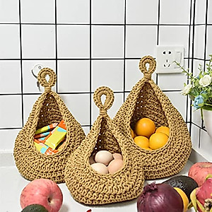 Anraja Hanging Fruit Basket For Kitchen Wall, Teardrop Garlic Storage Organizer, Decor Home, Boho Plant Holder, Set Of 3, Wheat