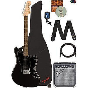 Fender Squier Affinity Jazzmaster - Metallic Black Bundle with Frontman 10G Amplifier, Instrument Cable, Gig Bag, Tuner, Strap, Picks, and Austin Bazaar Instructional DVD
