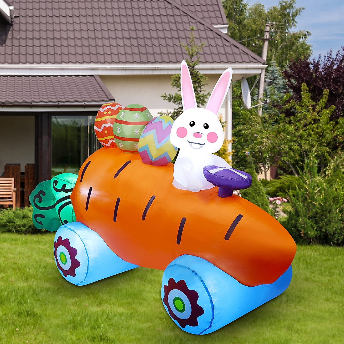 Sancodee 6 FT Long Easter Inflatable Bunny on Carrot Cart with Easter Eggs, Easter Blow up Yard Decorations for Indoor Outdoor Garden Lawn Holiday Party Decor