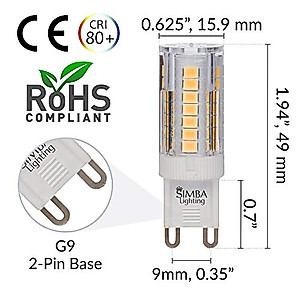 Simba Lighting G9 LED Light Bulb (5 Pack) 4W T4 40W Halogen Replacement for Pendants, Ceiling Lights, Desk Lamp, Wall Sconce, 120V JCD Bi-Pin Base Non-Dimmable, 3000K Soft White