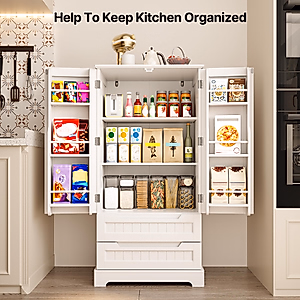 Gizoon 47" Kitchen Pantry Storage Cabinet with Drawers Freestanding Bathroom Storage Cabinets with Doors and Shelves, Small Food Pantry Cabinet for Dining Room Craft Room, White