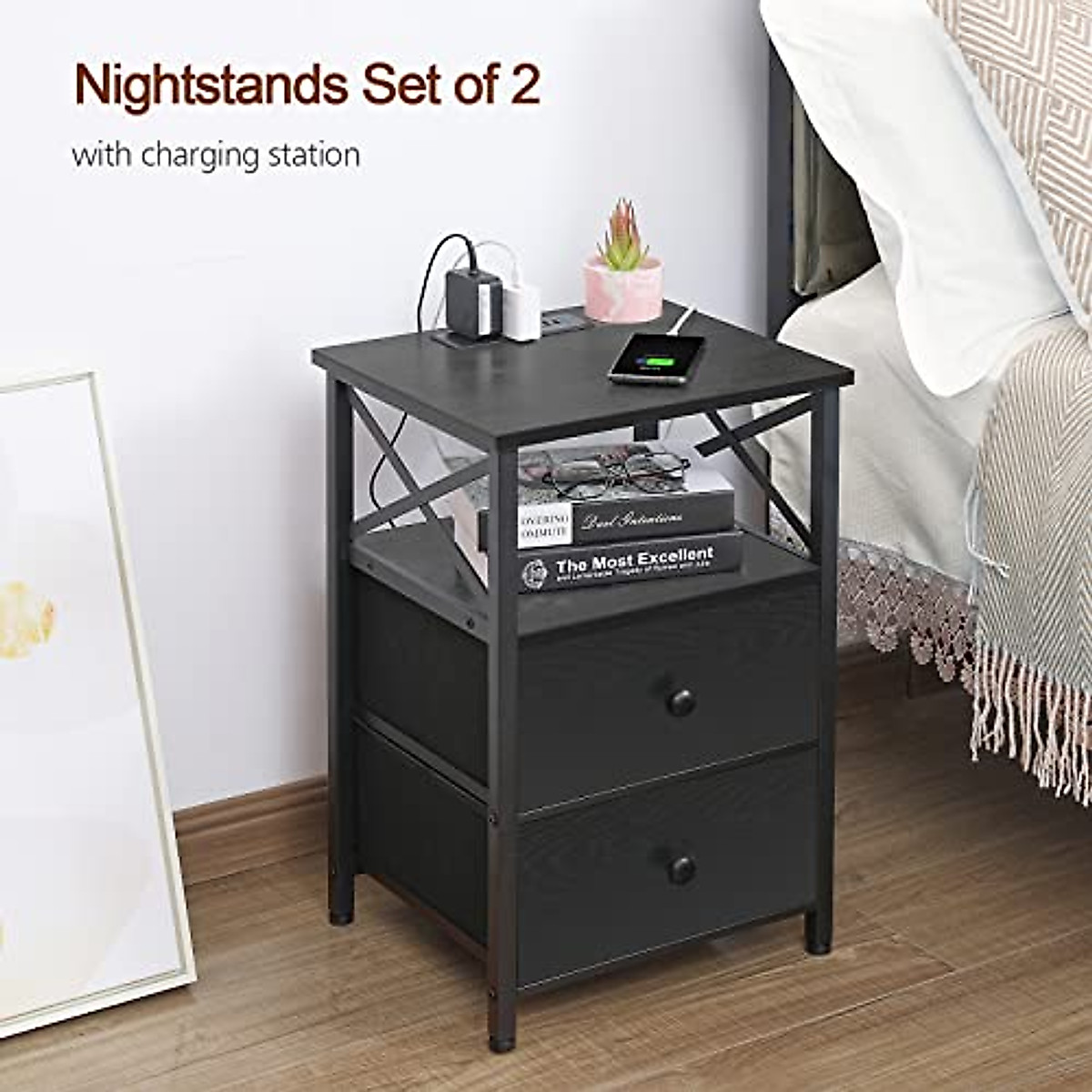 AMHANCIBLE Night Stand Set 2, Black Nightstand with Charging Station, End Tables Living Room with USB Ports and Outlets, Bed Side Tables Bedroom with Drawers HET05XBK
