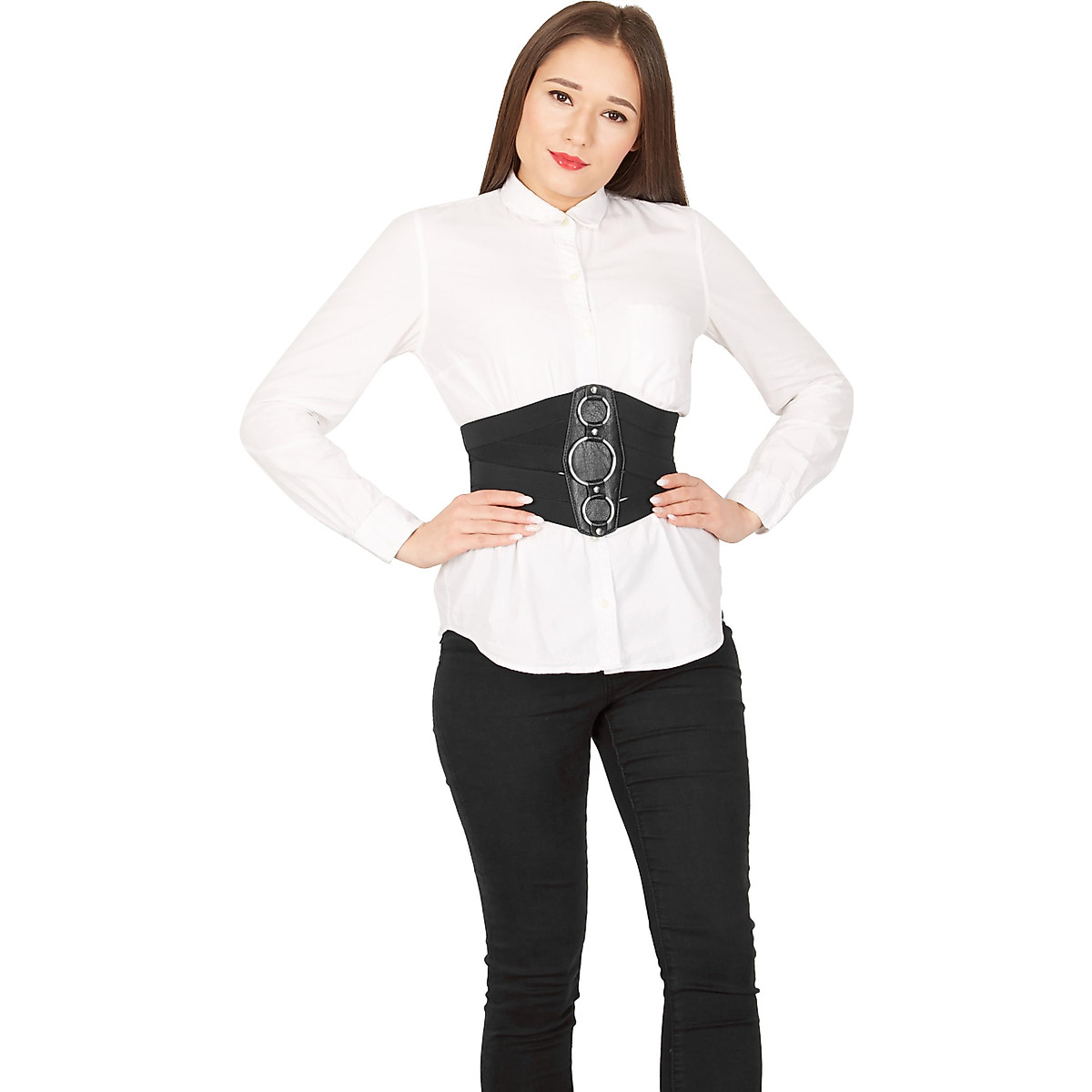 BlackButterfly 7 Inch Wide Lattice Corset Waspie Elastic Waist Belt (Black, US 18-20)