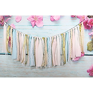 Fabric Tassel Garland Rag Tie Garland Shabby Chic Blush Banner for Wedding Decor Baby Shower Party Decor Home Decor Wall Hanging Boho Decor Birthday Banner (Pink+Gold+Blue)