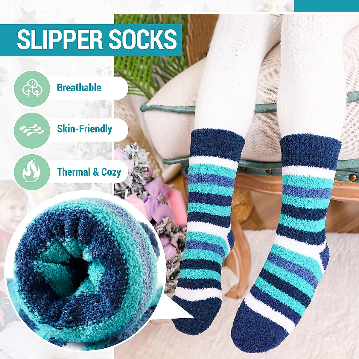 Kids Fuzzy Slipper Socks with Grips Children Boys Girls Toddlers Non Slip Warm Winter Cozy Fluffy Thermal Cute Socks 6 Pairs (8-12 Years, Stripe)