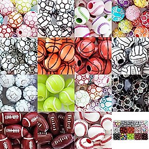 15 Styles Sports Beads Football Baseball Basketball Tennis Volleyball Soccer with 1 Roll of Elastic Rope and a Plastic Box for DIY Bracelet Necklace Making