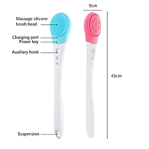 Electric Body Scrubber, 2 Colors, 43 x 9cm, Shower Brush Long Handle Waterproof Cordless Body Bath Exfoliating Soft Silicone (Blue)