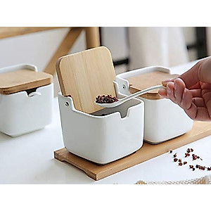 Lawei 3 Pack Ceramic Spice Jar with Lid and Spoon, Square Porcelain Condiment Jar Salt and Pepper Containers with Wooden Tray, White Pottery Cruet Pot for Sugar Bowls, Serving Tea, Coffee, Spice, Home