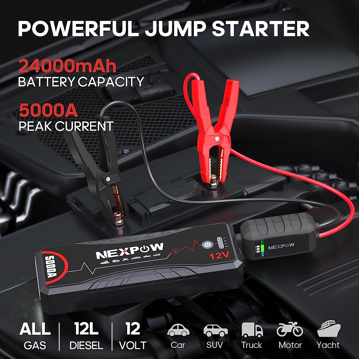 NEXPOW Car Jump Starter,Car Battery Jump Starter Pack 5000A Peak Q12 for All Gas and Up to10.0L Diesel Engine 12V Auto Battery Booster,Jumper Cables,Portable Lithium Jump Box with LED Light/USB QC3.0