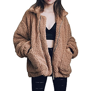 Comeon Women's Coat Casual Lapel Fleece Fuzzy Faux Shearling Zipper Coats Warm Winter Oversized Outwear Jackets (Khaki,Small)