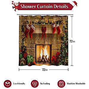 BROSHAN Fabric Christmas Shower Curtain, Red Christmas Shower Curtains for Bathroom, Winter Holiday Bathroom Decor, Xmas Tree Fireplace Pattern