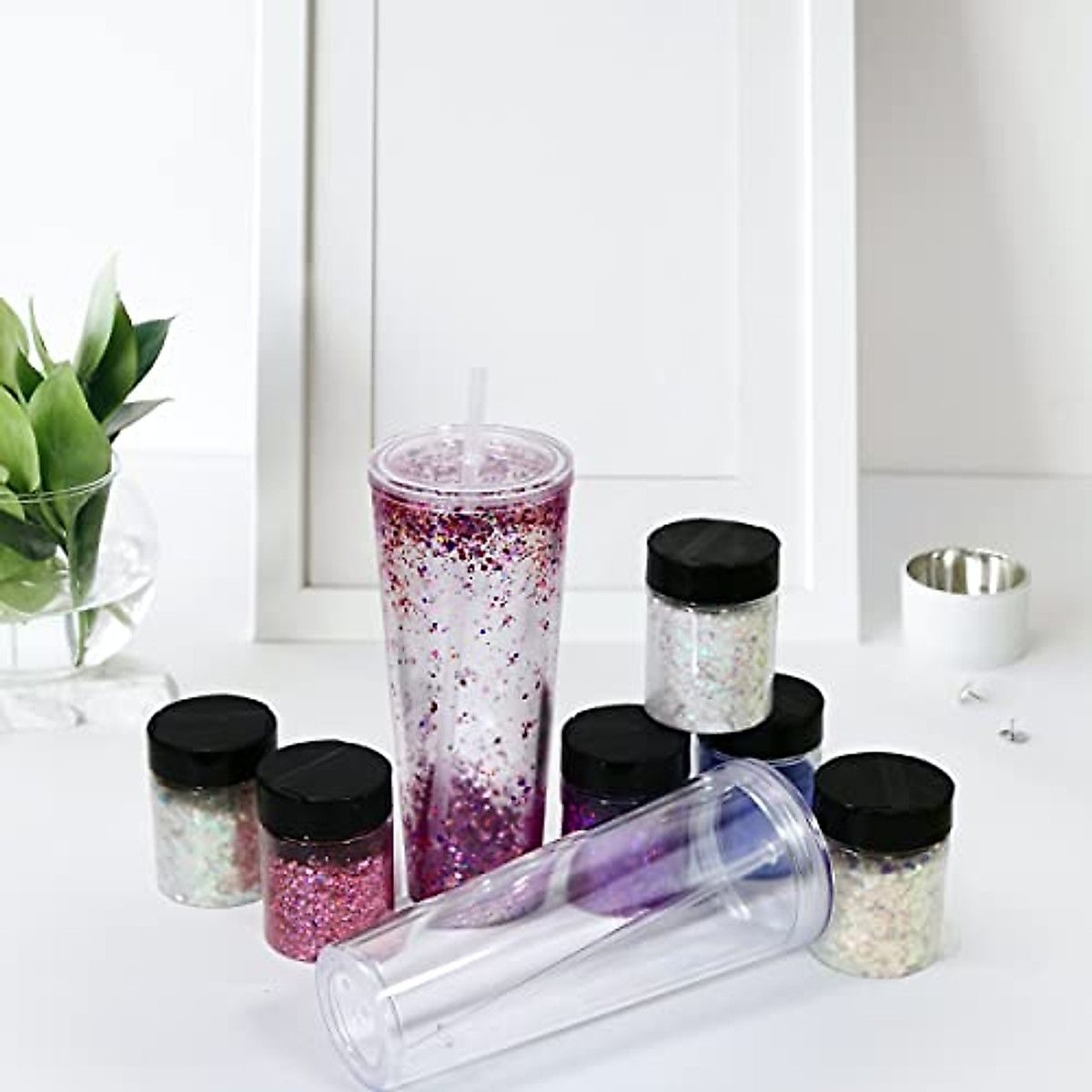 AGH 24oz Acrylic Double Wall Insulated Tumblers(4Pack), Transparent Drilled Plastic Double Wall Tumblers with Straw & Hole Stopper, Acrylic Snow Globe Tumbler