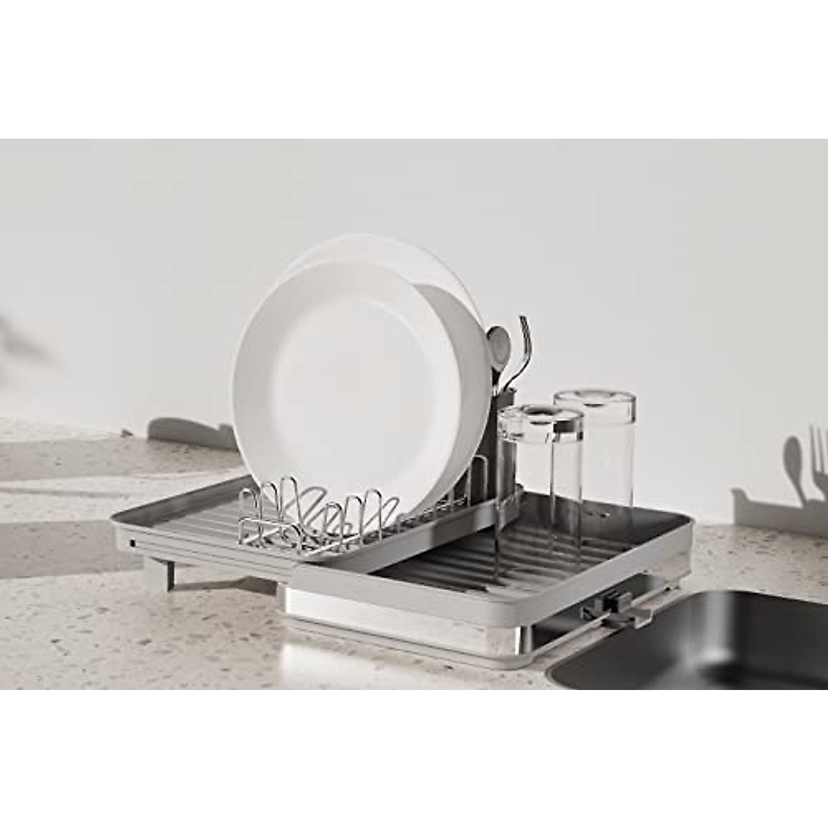 Alta by Auggie Chino Expandable Dish Drying Rack with Drainage Spout, Stainless Steel, Movable Utensil Drainer, (Black)