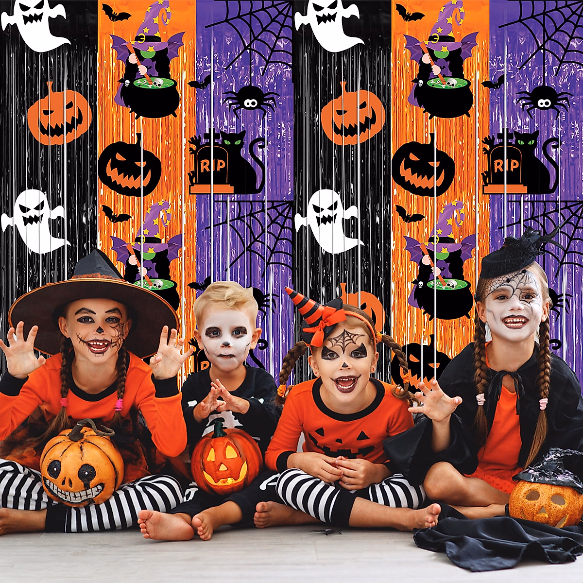 Foil Fringe Curtains Halloween Party Decorations, 2 Pack 3.3 x 6.6 FT Black Orange Purple Tinsel Fringe Curtain Halloween Decor Indoor Photo Backdrop Streamers for Halloween Birthday Party Decorations