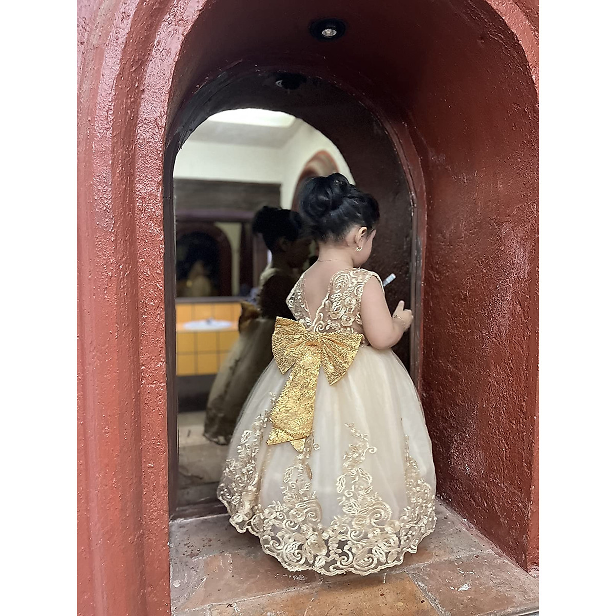 Christening Embroidery Lace Birthday Christmas Easter Flower Baby Girl Dress Princess Formal Prom Tutu Ball Gown 3M Gold B 60