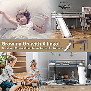 Xilingol Low Loft Bed with Slide, Wood Twin Bed Frame with Climbing Ladder for Toddler Kids, Grey