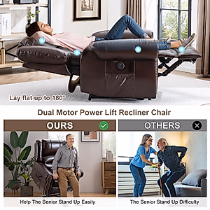 CDCASA Dual Motor Lay Flat Lift Chairs Recliners for Elderly with Massage and Heat, Breathable Leather Infinite Position Large Sleeping Electric Power Lift Chair Recliner for Seniors, Brown