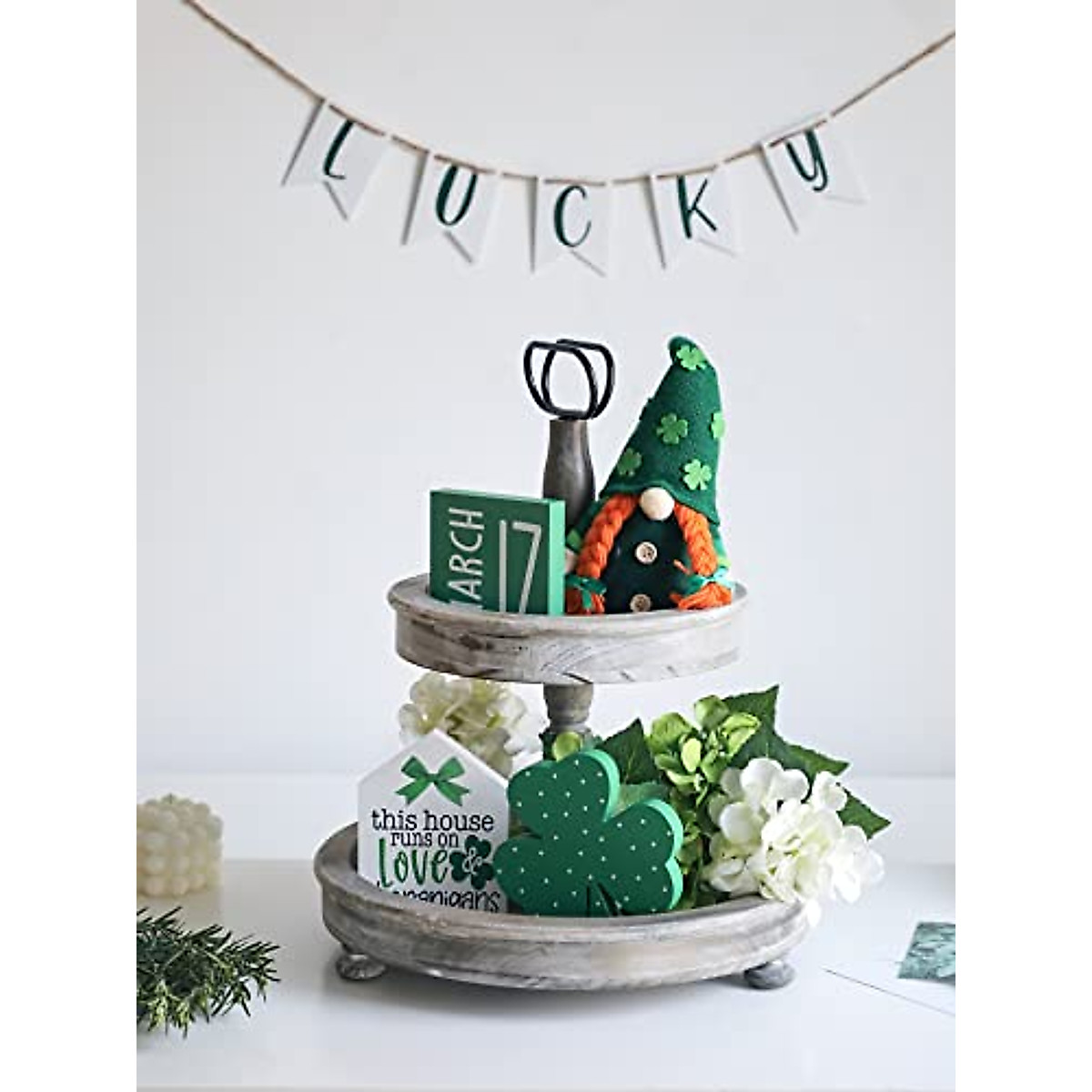5PCS St. Patrick 's Day Tiered Tray Decor, Gnome, Irish Wood Shamrocks， St.Patrick Day Wood Signs LUCKY Ornament Decoration for Home