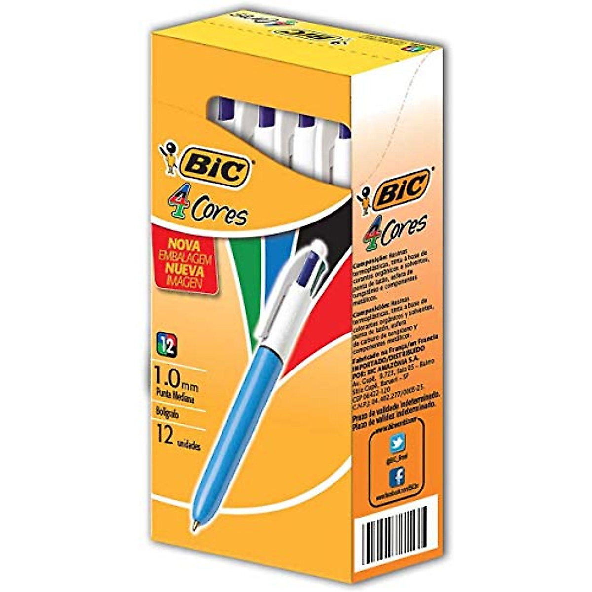 BIC 4-Color Ballpoint Retractable Pen, Assorted Ink, Medium, Pack of 12