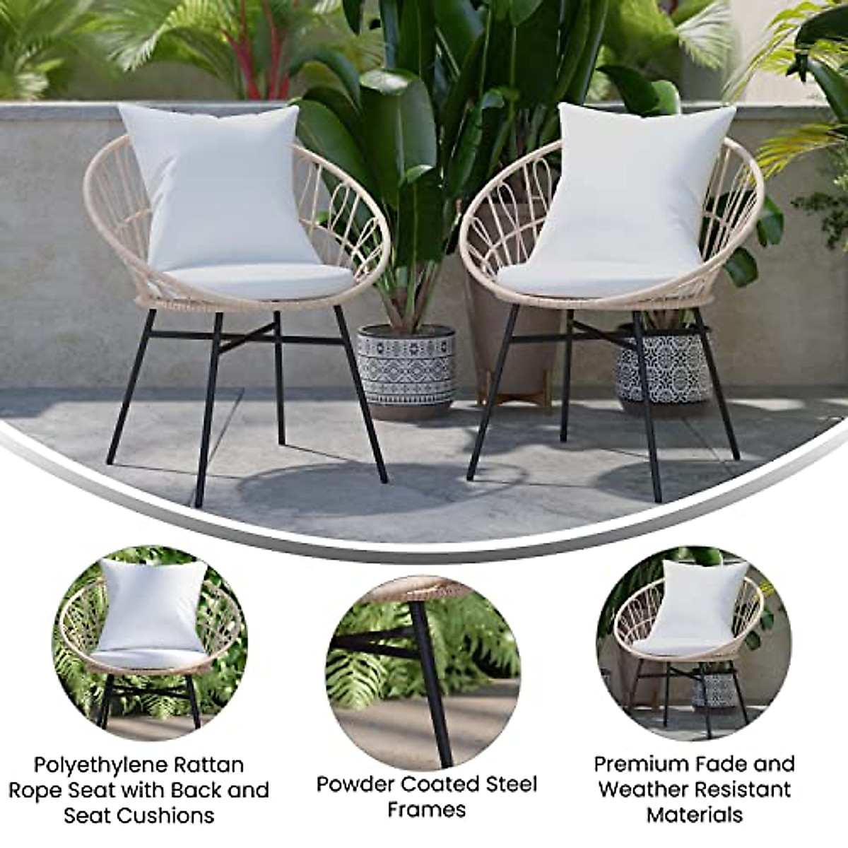 Flash Furniture Devon Set of 2 Indoor/Outdoor Modern Papasan Style Rope Patio Chairs, PE Rattan with Cushions, Tan/Light Gray