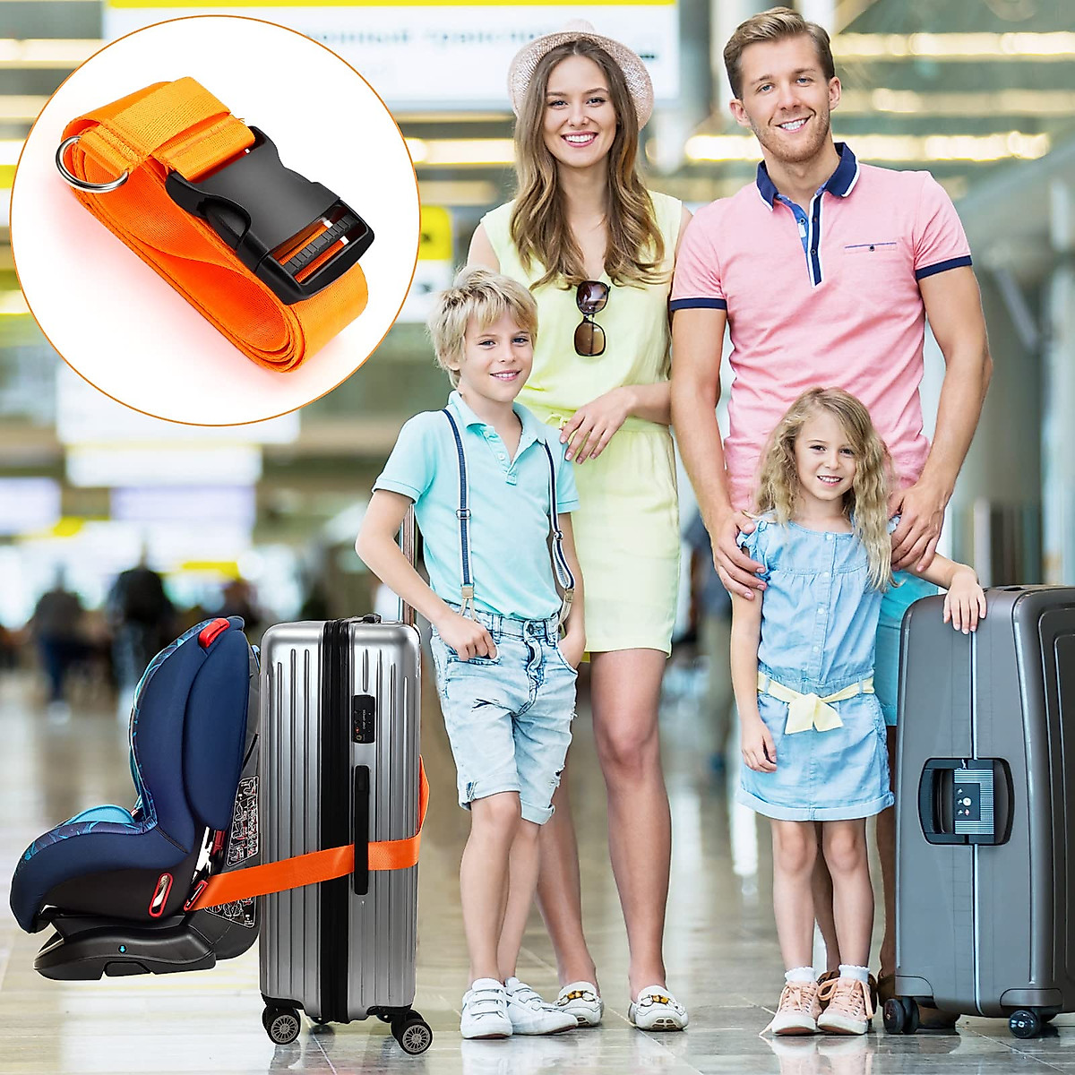 2 Pieces Car Seat Travel Belt, Adjustable Car Seat Travel Strap to Convert Kid Car Seat, Luggage into Airport Car Seat Stroller & Carrier Belt Safe Travel Solution (Orange)