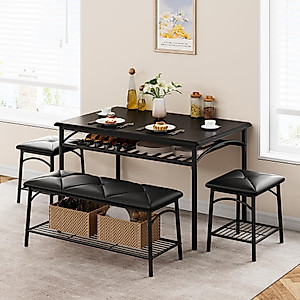 GAOMON Dining Table with Benches, Kitchen Table Set for 4, Dining Room Table Set with Upholstered Bench and Square Stools, Metal and Wood Dining Table Set for 4 with Storage for Small Space-Black