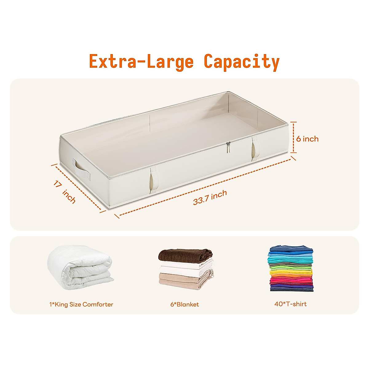 Vailando Under Bed Storage Containers, Underbed Storage Bins with 6 Inches Tall, Clothes Storage Box with Sturdy Handles and Sidewalls, Beige, 2-Pack