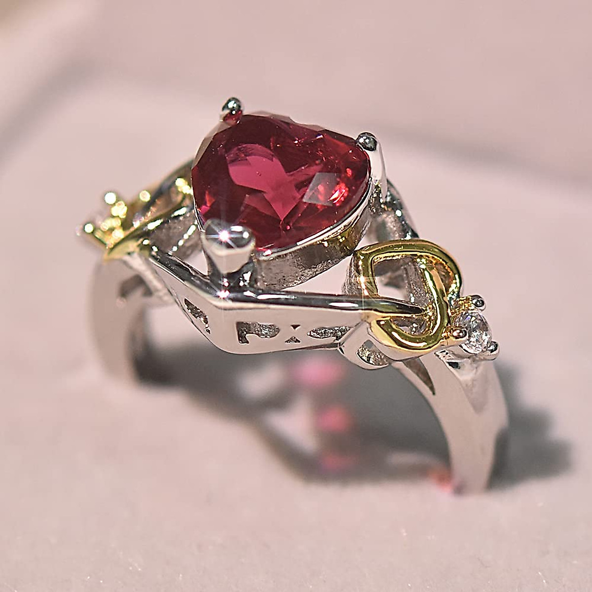 WDIYIEETN Fashion Jewelry Gold and Silver Two-Tone Shiny Diamond Heart-Shaped Ruby Ring Cubic Zirconia Crystal Diamond Ring Eternity Engagement Wedding Band Ring for Women (7)