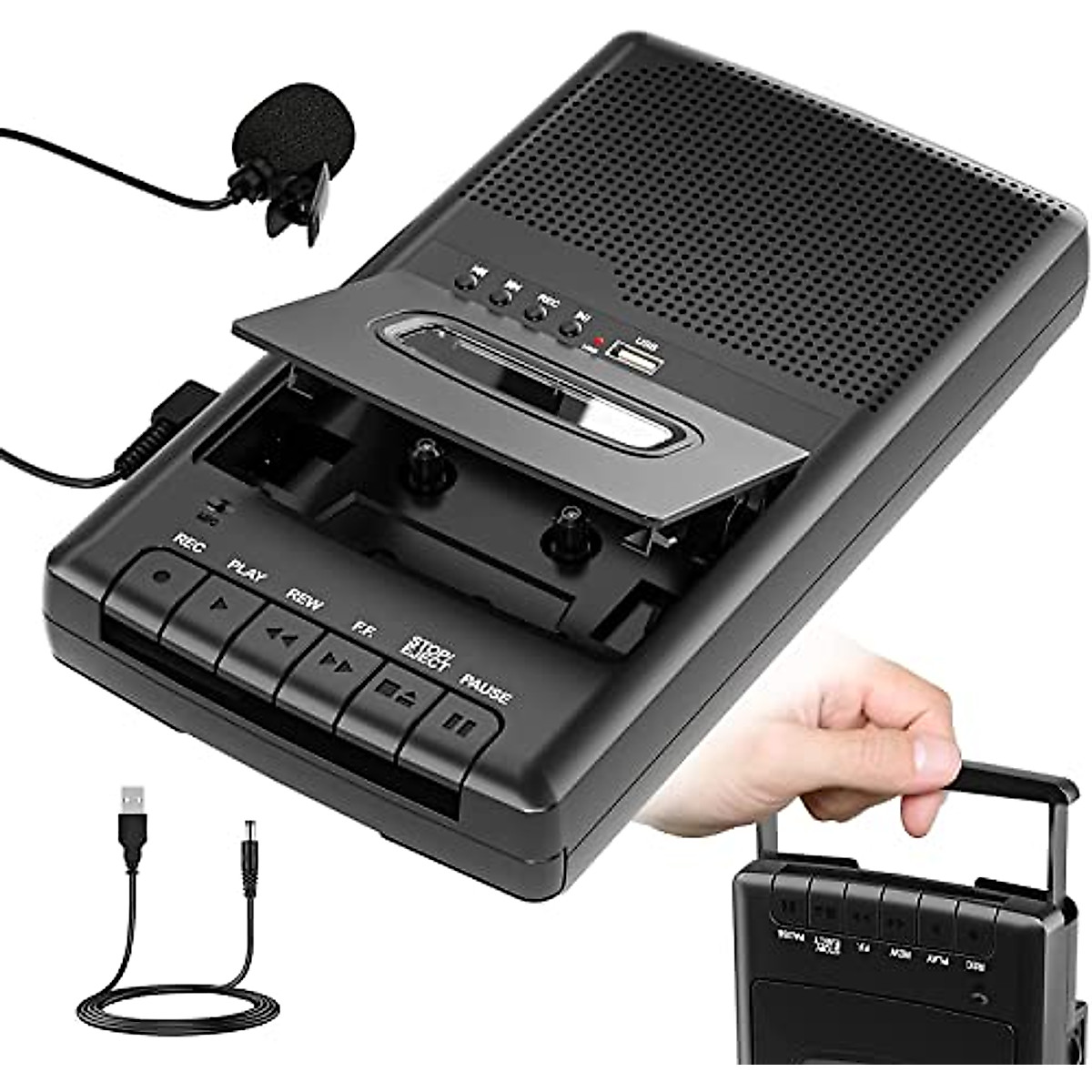 Portable Cassette Player Recorder with Stand-Alone Microphone, Walkman Tape Cassettes Converter MP3 with USB Player, Captures USB Stick Audio Files, Built-in Speaker/Retractable Handle/Headphone Jack