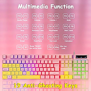 CHONCHOW Pink Keyboard and Mouse Combo with Backlit, Function Keys, 19 Keys Anti-ghosting for Gamer on PC Laptop Computer Mac PS4 Xbox, Cute Wired Light Up Gaming Keyboard & RGB Mouse for Girl Women